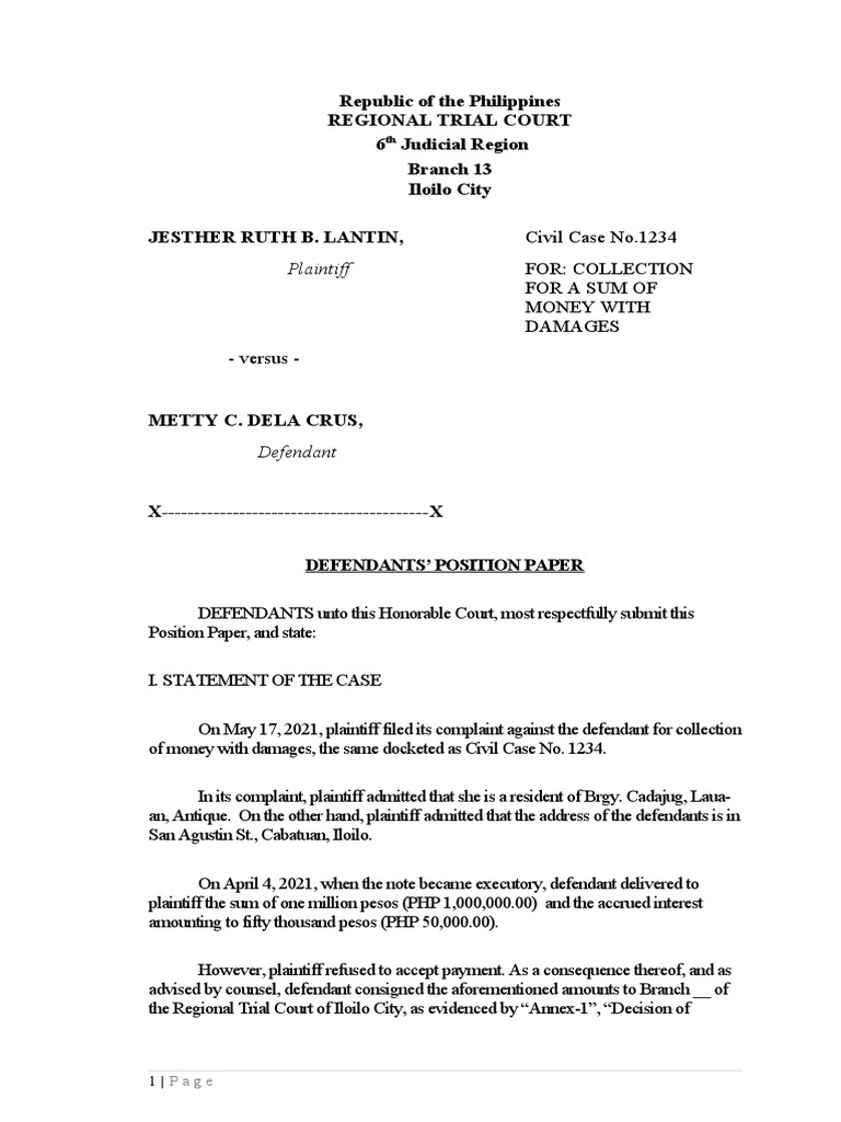 Position Paper Defendants | PDF | Lawsuit | Complaint