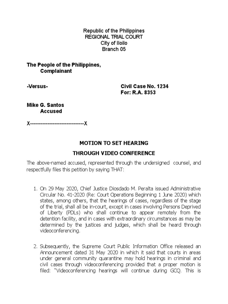 Motion To Conduct Hearing | PDF | Judge | Lawsuit