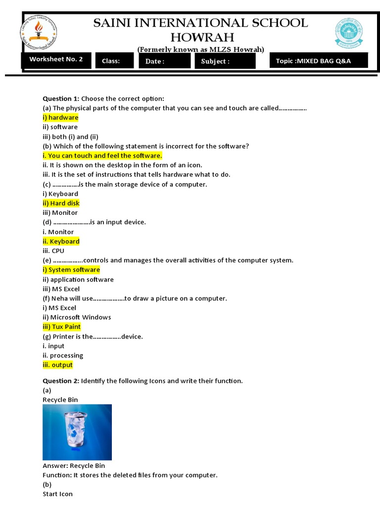 Class 3 Computer Hardware & Software Worksheet | PDF | Icon (Computing ...