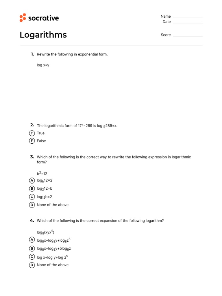 Quiz Logarithms 1 | PDF