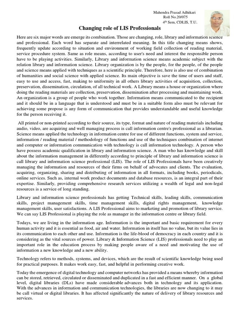 Changing Role of LIS Professionals | PDF | Libraries | Digital Library