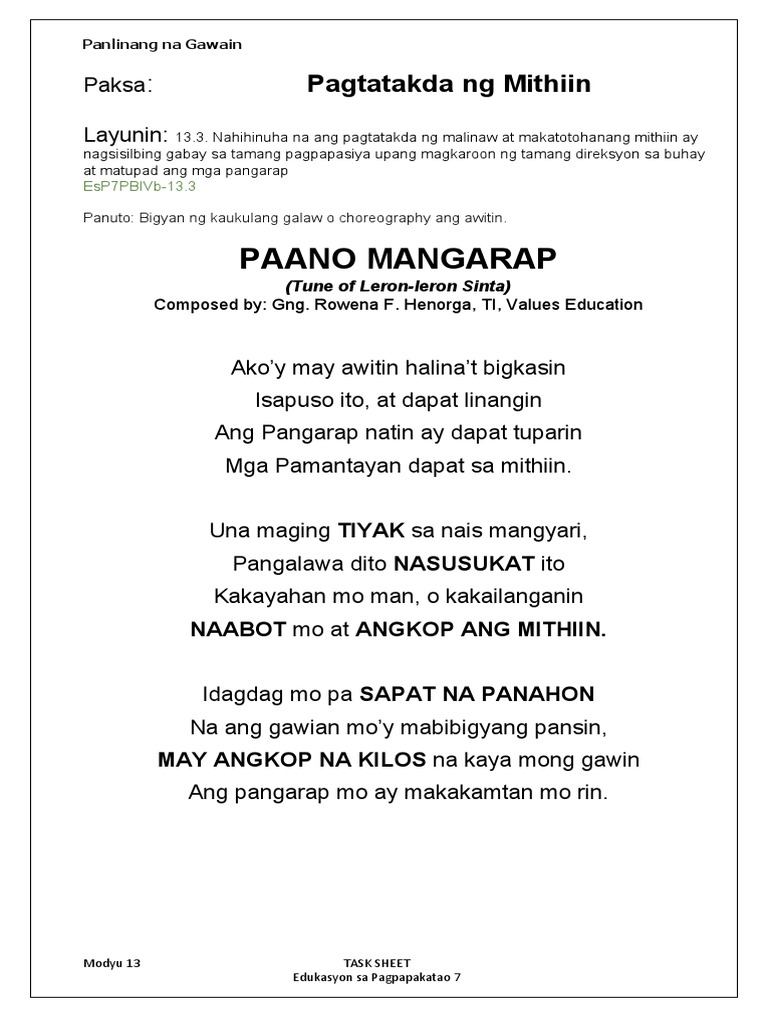 Pagtatakda NG Mithiin Mod 13 Comp Song | PDF