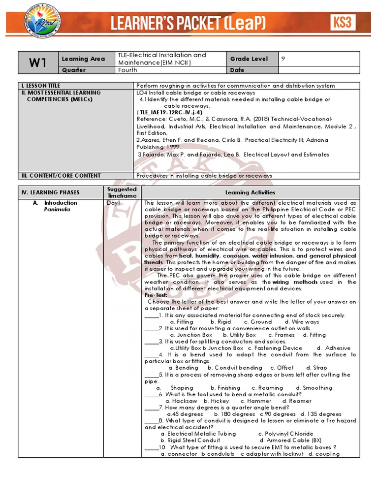 Learning Area Grade Level Quarter Date: TLE-Electrical Installation and Maintenance (EIM NCII) 9 ...