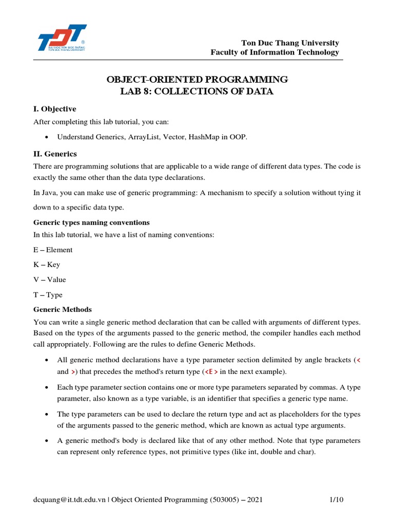 Object-Oriented Programming Lab 8: Collections of Data: Ton Duc Thang University Faculty of ...