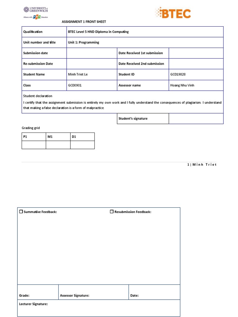 Unit 1 - Assignment 1 Frontsheet | PDF | Computer Program | Programming