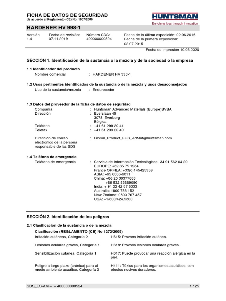 Ficha Seguridad Hardener HV 998-1 | PDF | Protección contra incendios | Toxicidad