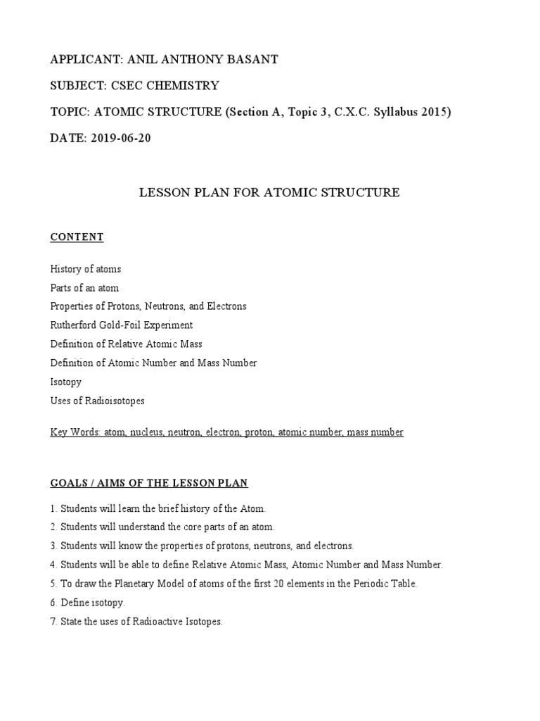 Lesson Plan For Atomic Structure | PDF