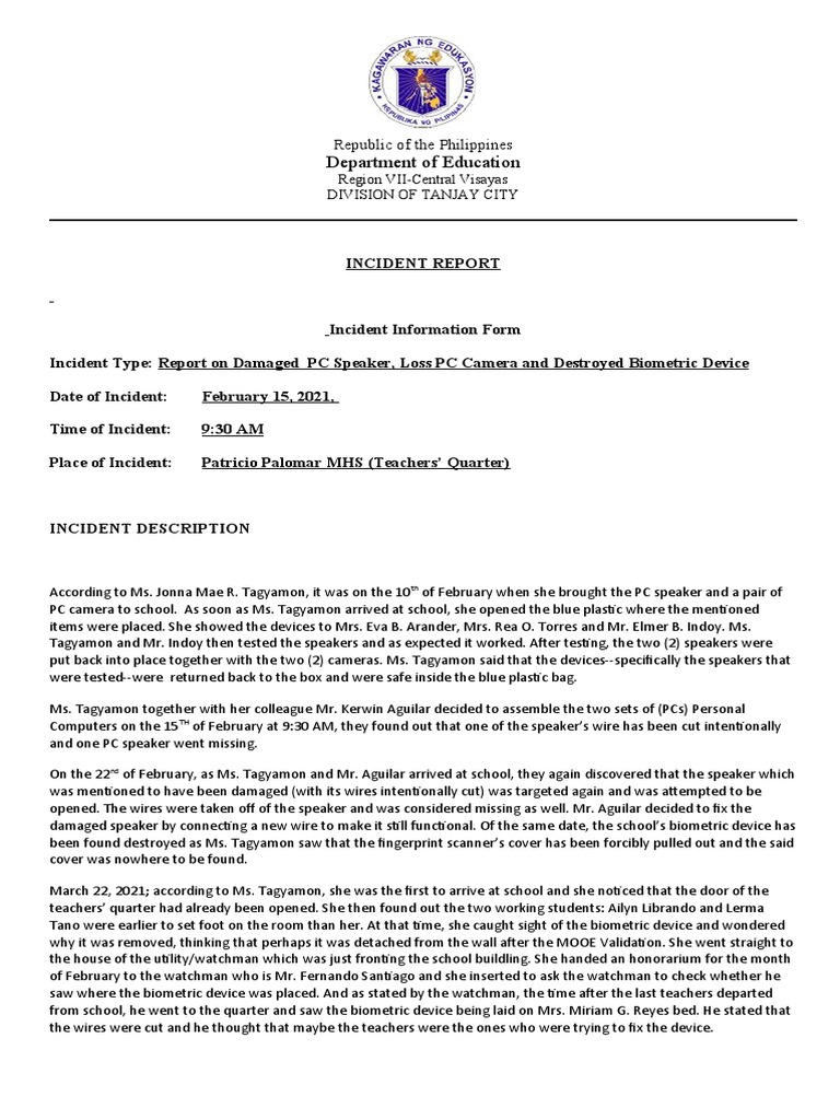 Incident Report On Damage and Loss Devices PPMHS | Computing | Security