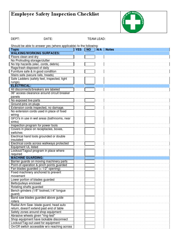 Employee Safety Inspection Checklist | Manufactured Goods | Equipment