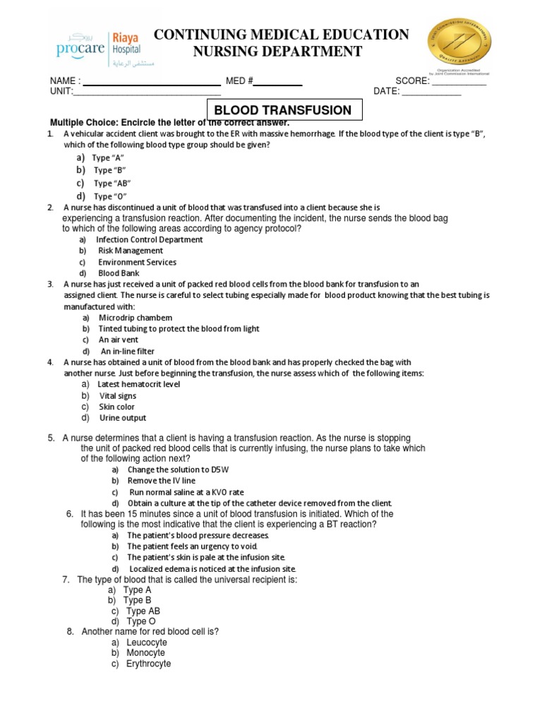 Blood Administration Skills Assessment | PDF | Intravenous Therapy ...