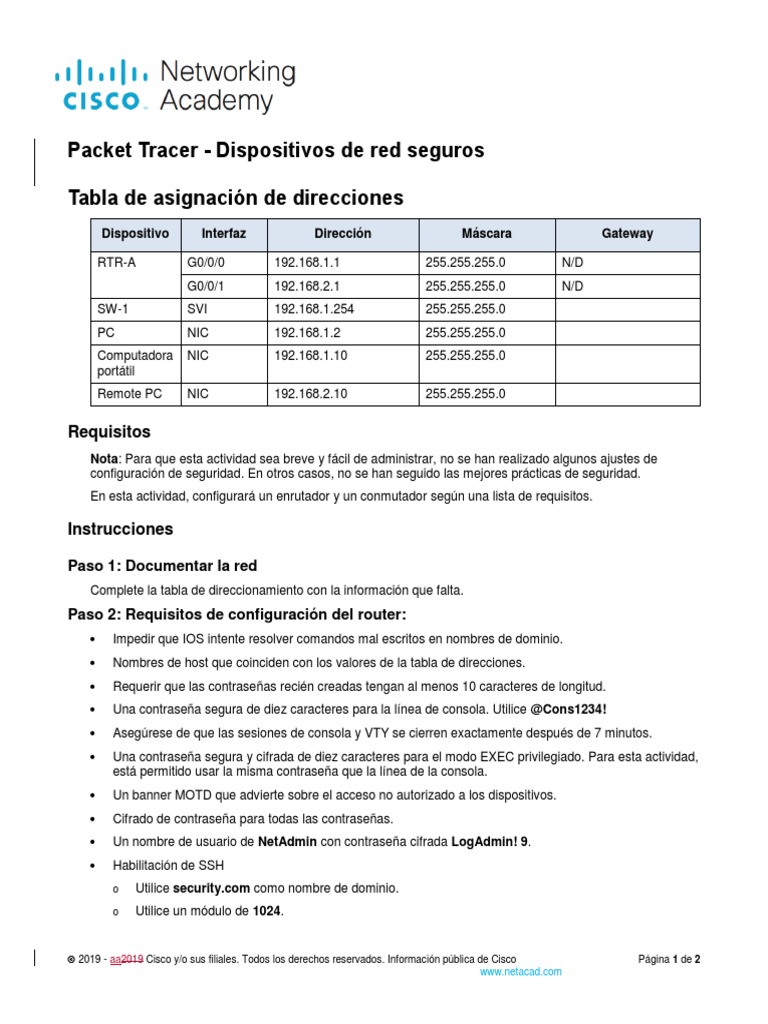 16.5.1 Packet Tracer - Secure Network Devices - Es XL | PDF | Conmutador de red | Contraseña