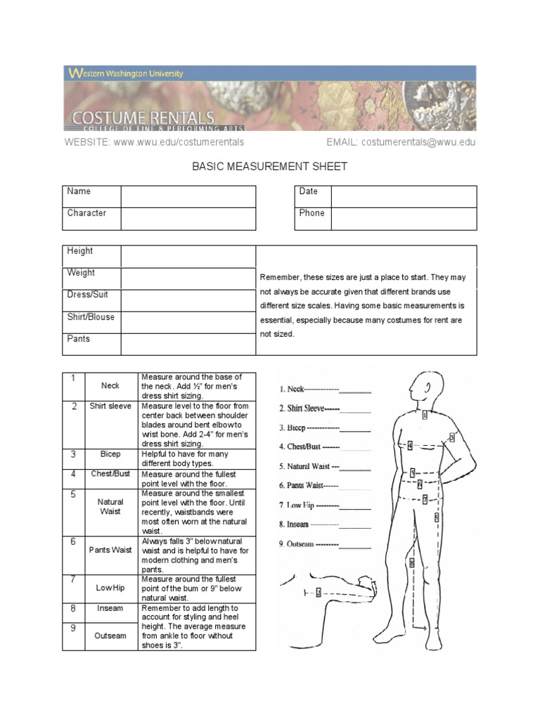 CFPA Costume Rental Basic Measurement Sheet | PDF