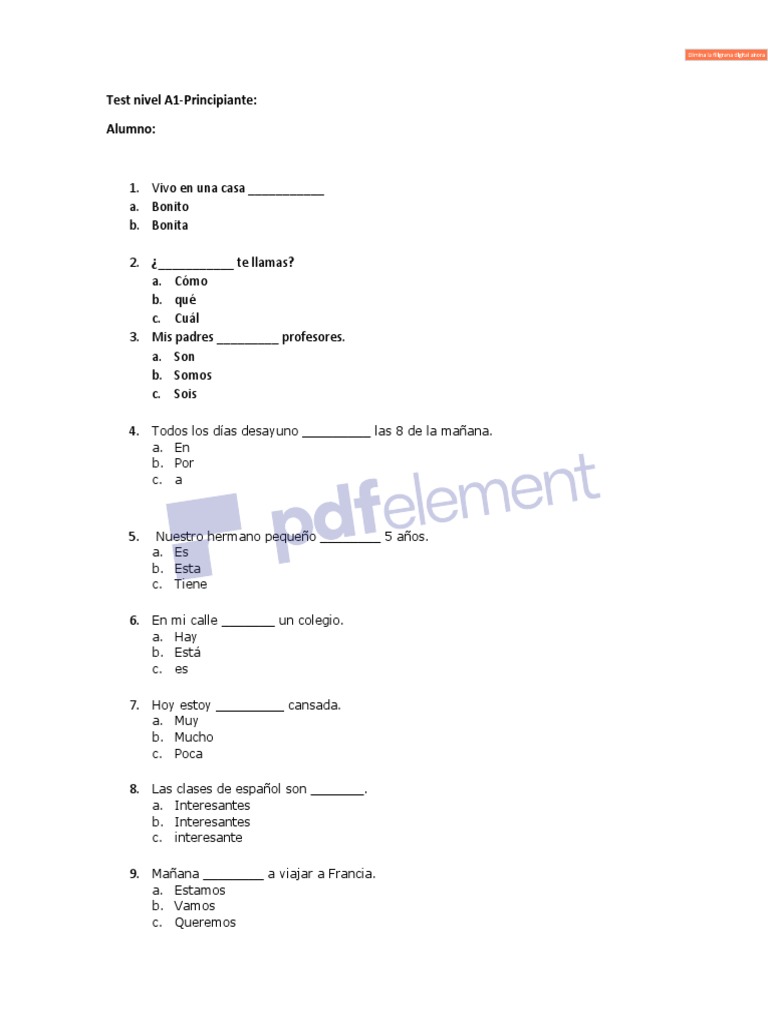 Test de Español A1 para Principiantes | PDF