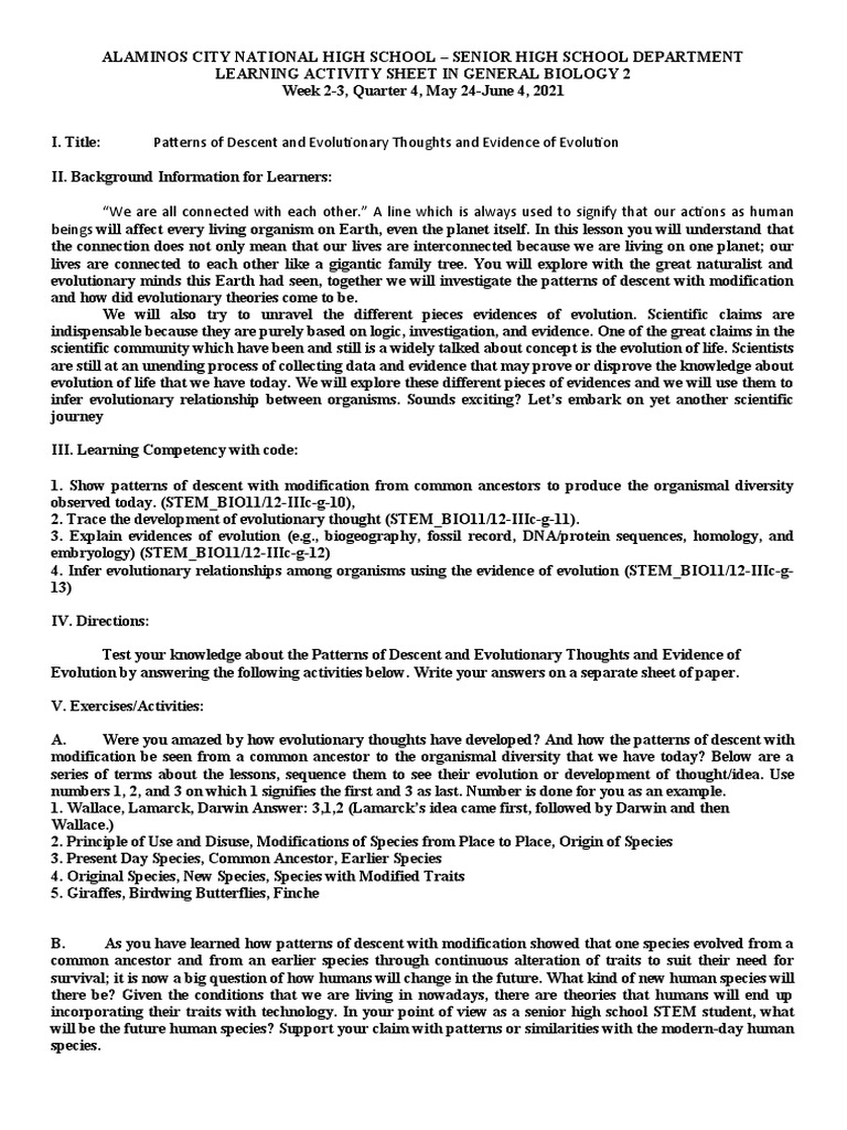 General Biology 2 Learning Activity Sheet Module 4.1 | PDF | Evolution ...