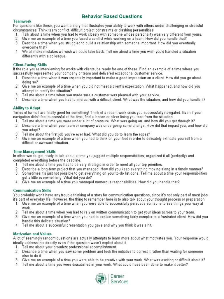 Behavior Based Interview Questions and STAR Method 8.2019 | PDF | Time ...