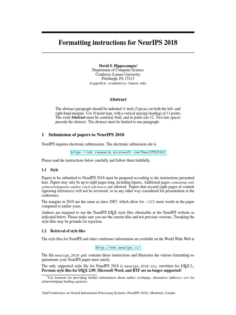 Formatting Instructions For Neurips 2018 | PDF | Note (Typography ...