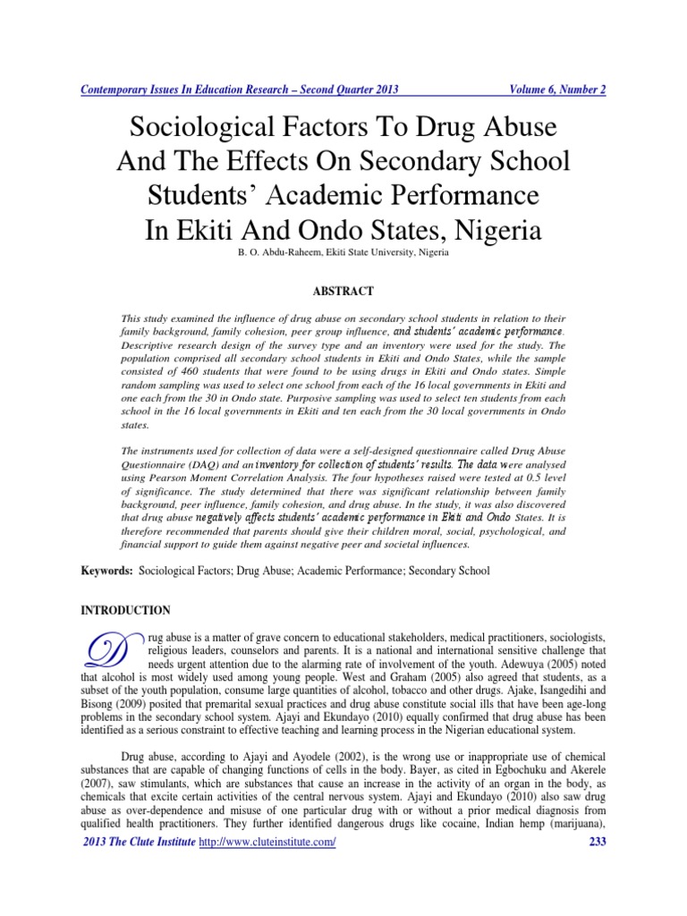 Sociological Factors To Drug Abuse and The Effects On Secondary School ...