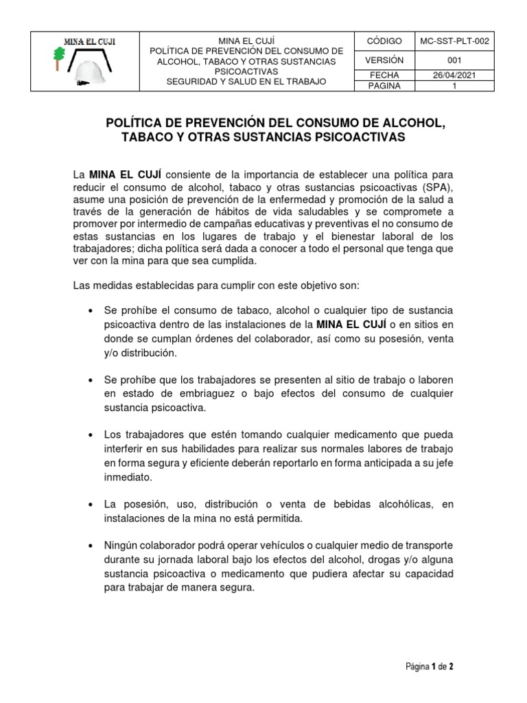 MC-SST-PLT- 002 Politica de Prevención Del Consumo de Alcohol, Tabaco y Otras Sustancias ...
