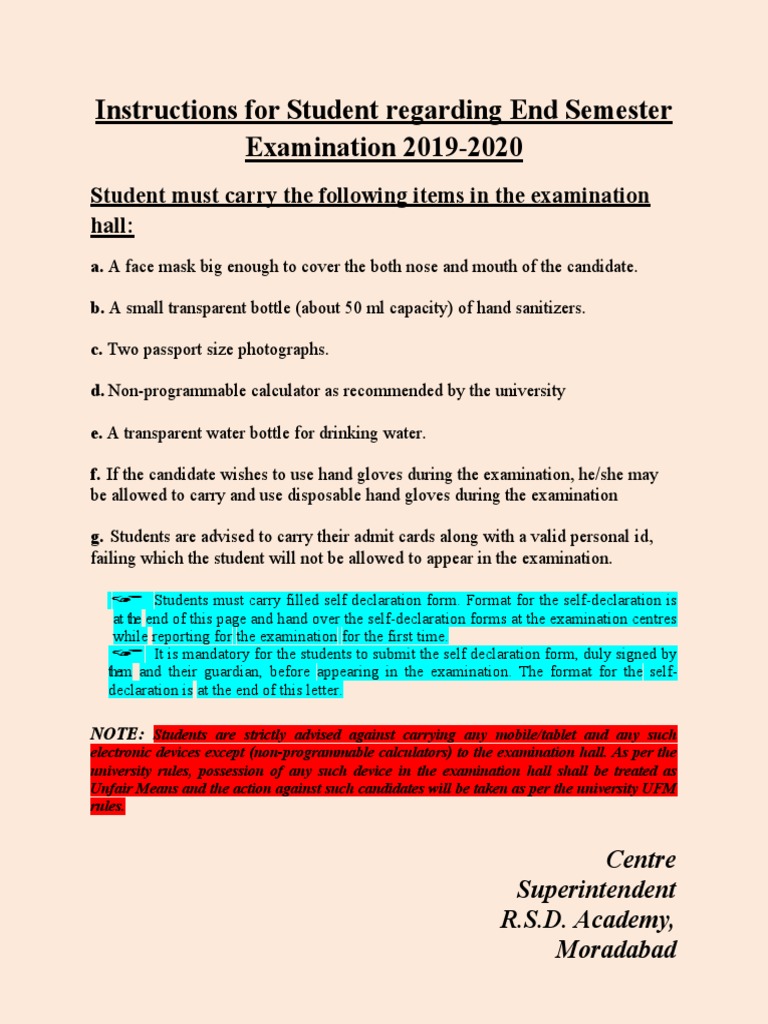 Exam Guidelines for Students | PDF | Health Disasters | Diseases And ...
