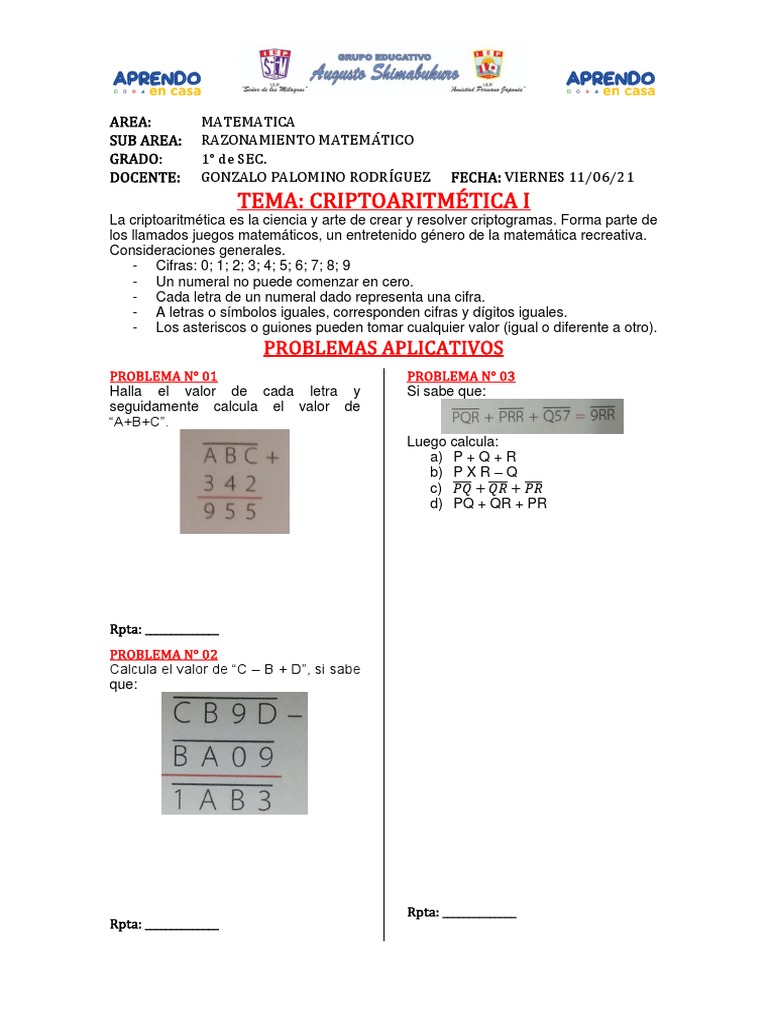 RM 1° Criptoaritmética I | PDF | Notación Matemática | Codificaciones