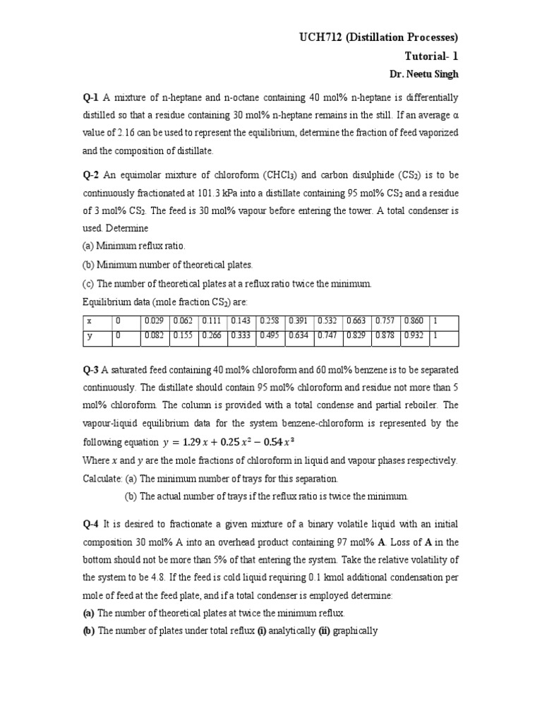 UCH712 (Distillation Processes) Tutorial-1 | PDF | Distillation | Laboratories