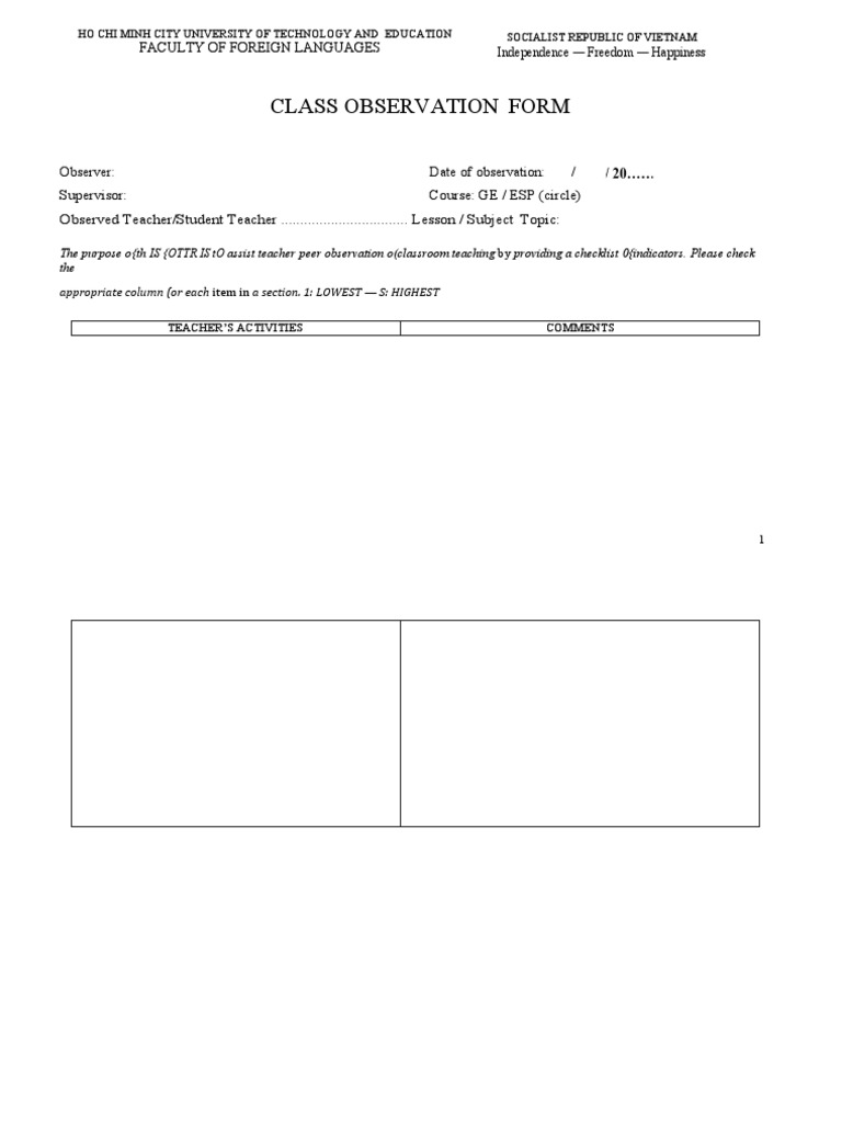 Class Observation Form | PDF | Teachers | Pedagogy