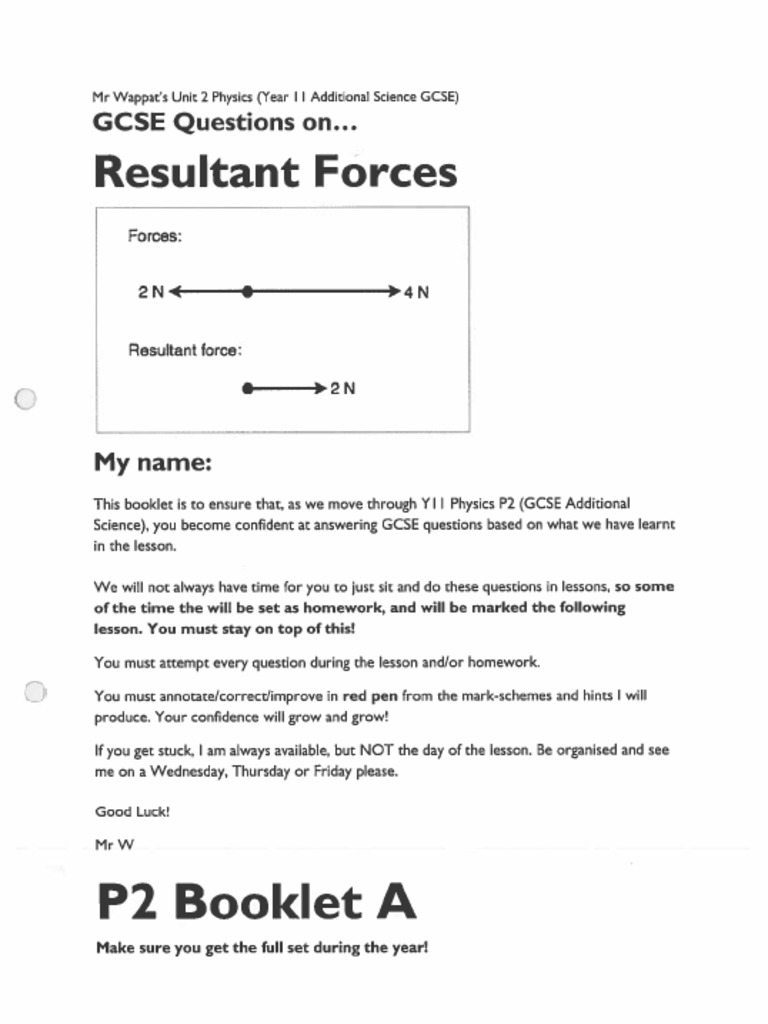 P2 Physics Booklet A (Resultant Forces) GCSE Exemplar Questions F-H | PDF