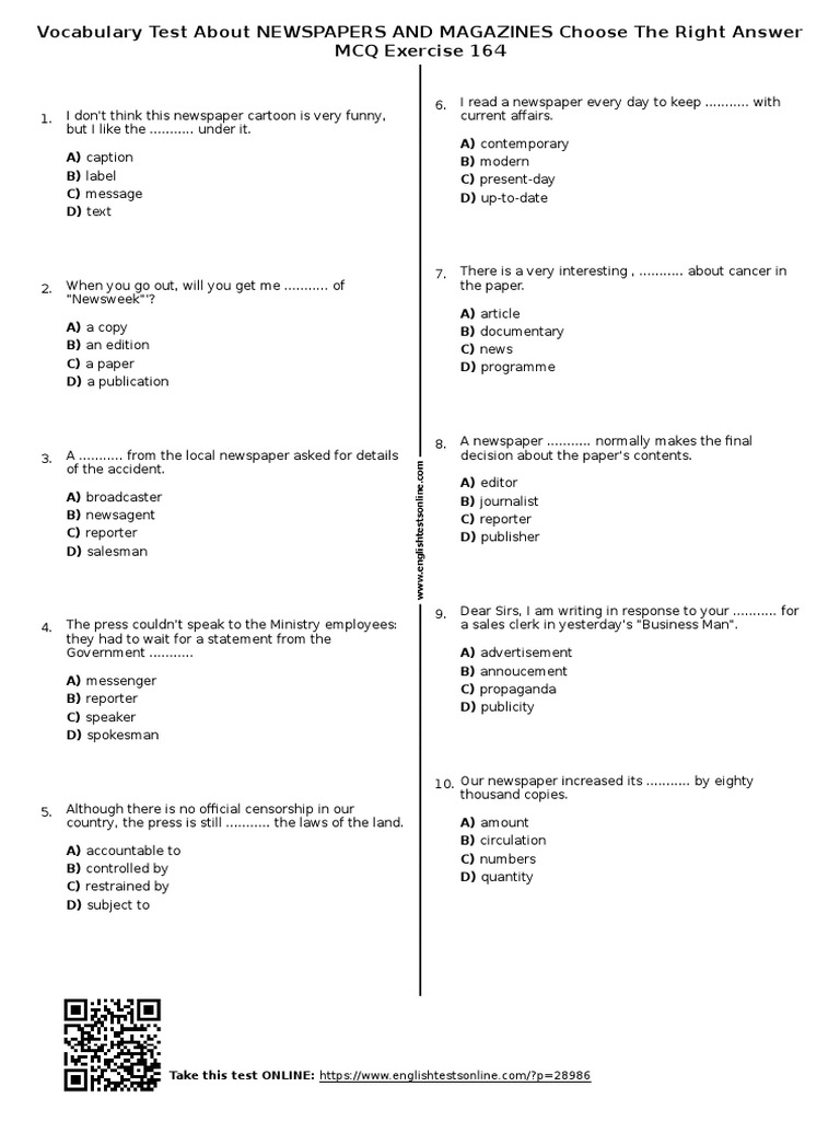 1077 Vocabulary Test About Newspapers and Magazines Choose The Right ...