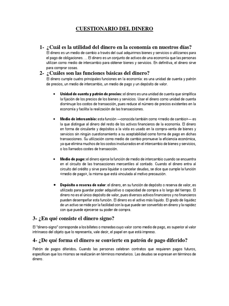 Cuestionario sobre el Dinero y su Función | PDF | Oferta de dinero | Dinero