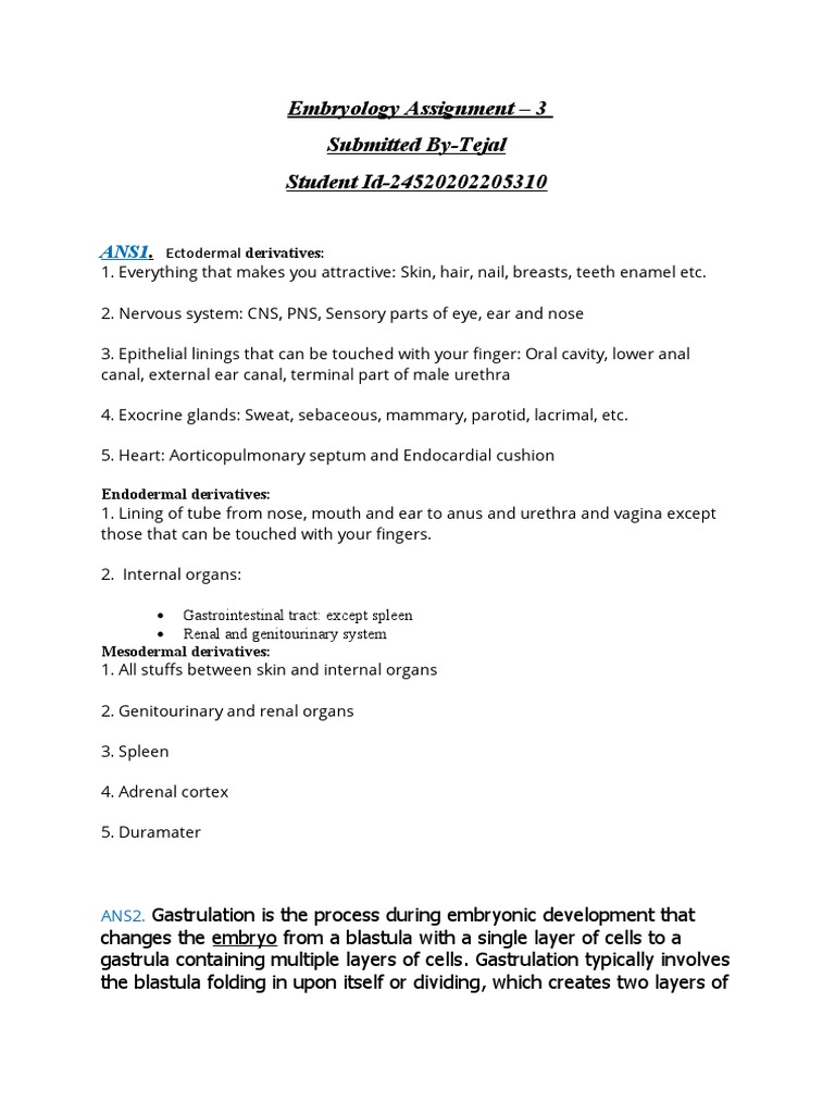 Embryology Assignment - 3 Submitted By-Tejal Student Id-24520202205310 | PDF