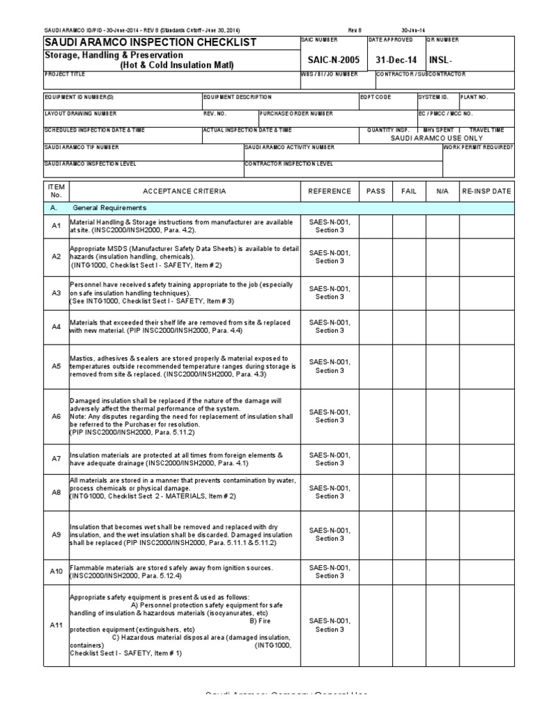 Saudi Aramco Inspection Checklist | PDF | Building Insulation ...
