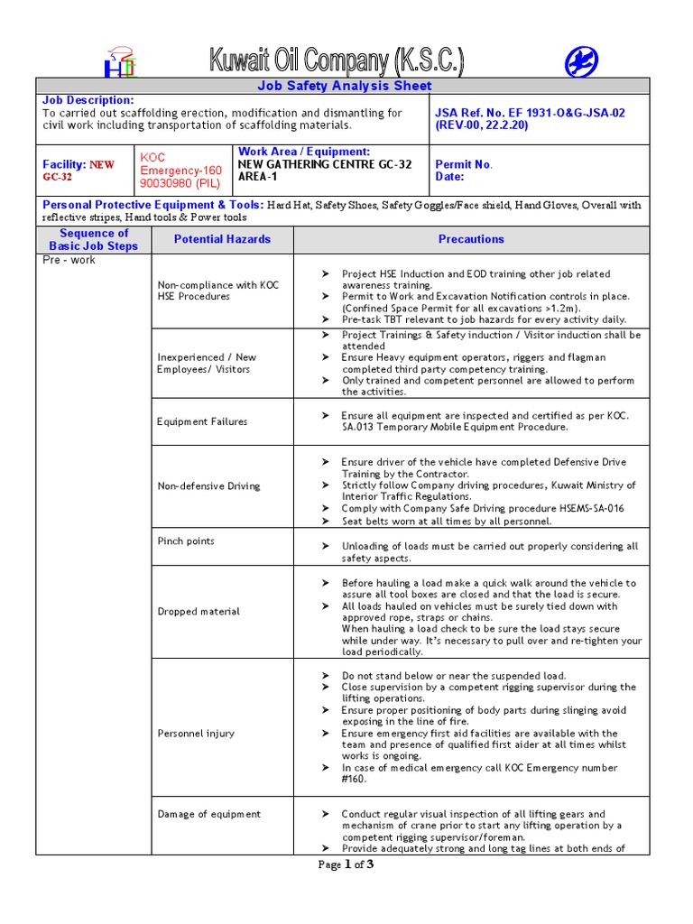 Job Safety Analysis Sheet: KOC Emergency-160 90030980 (PIL) | PDF ...