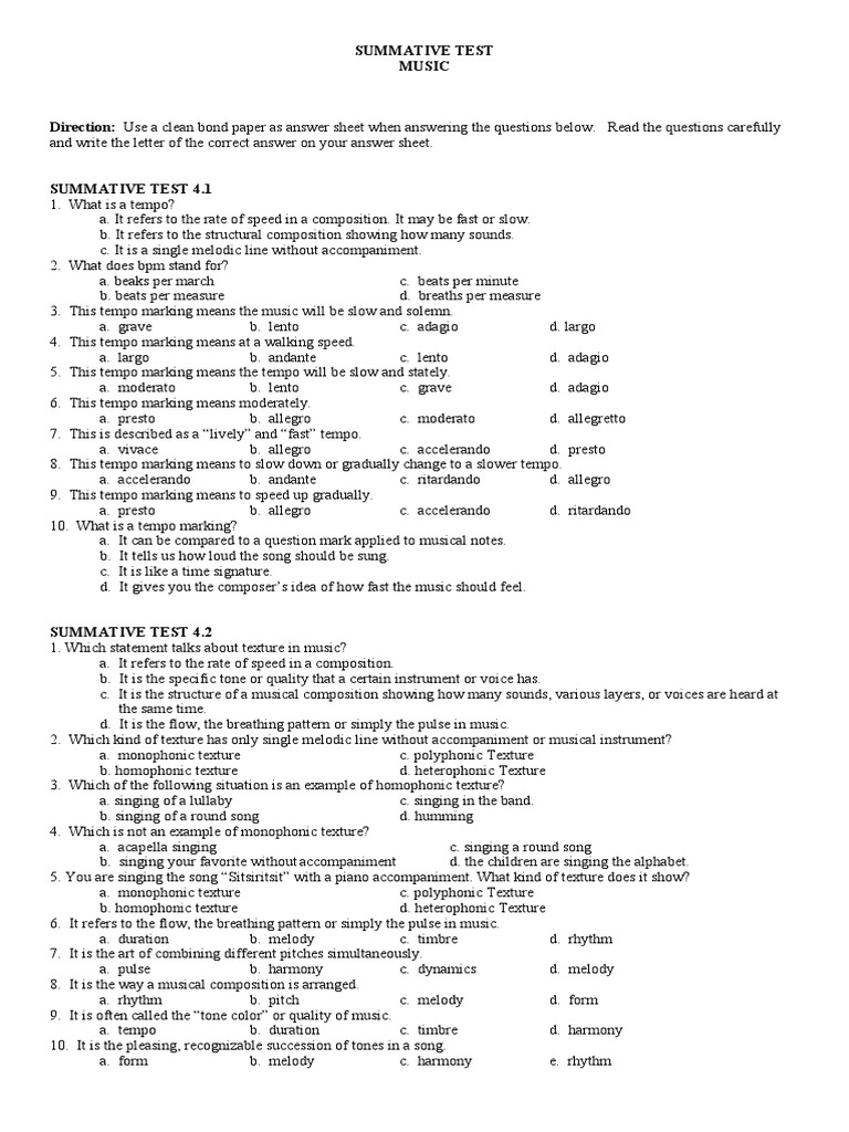 Music Summative Test | PDF | Tempo | Musical Forms