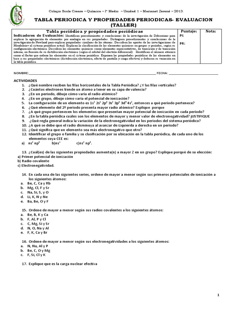Taller N°1 Tabla Periodica y Propiedades Periodicas | PDF | Tabla ...