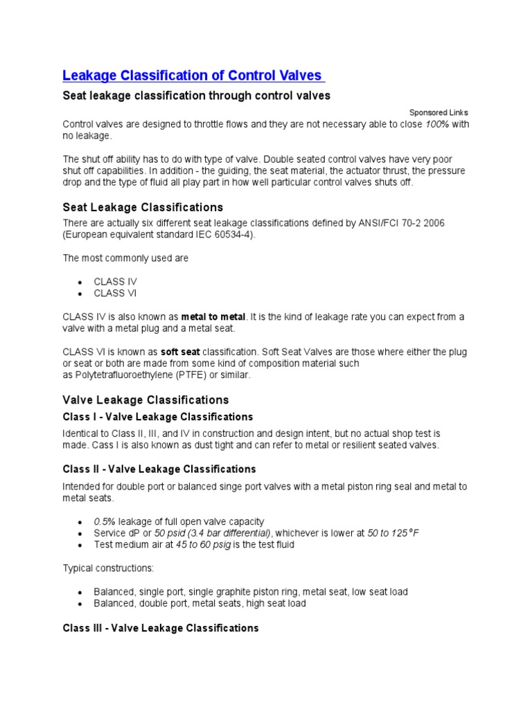 Control Valve Leakage Classifications | PDF | Pounds Per Square Inch ...