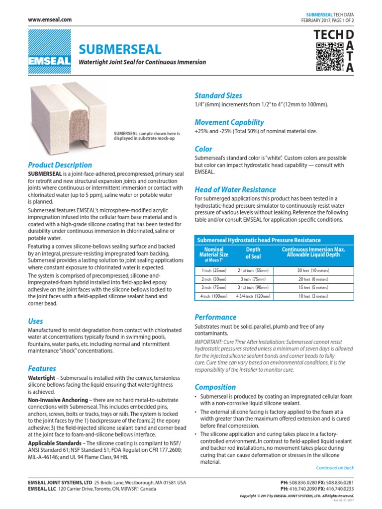 Submerseal Tech Data Joint Seal Pool Fountain Water Treatment Plant ...