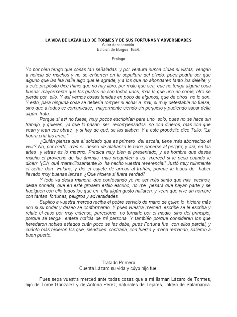 Anónimo - Lazarillo de Tormes | PDF | Oración | Vino