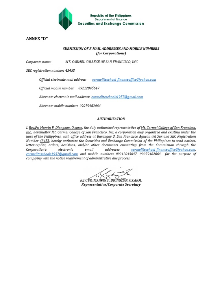 Annex "D": Submission of E-Mail Addresses and Mobile Numbers (For ...