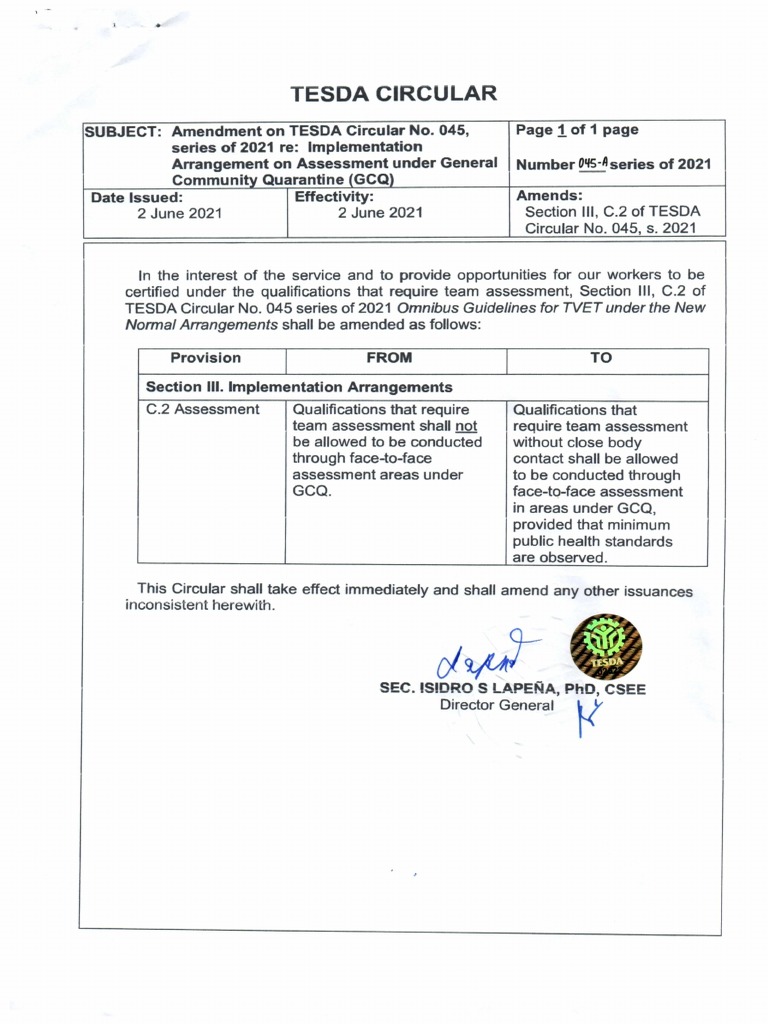 TESDA Circular Amendment on GCQ Assessment | PDF