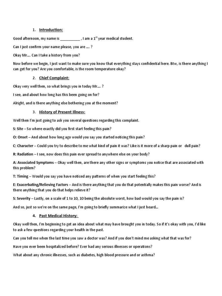 OSCE Comprehensive History Script | PDF | Pain | Allergy