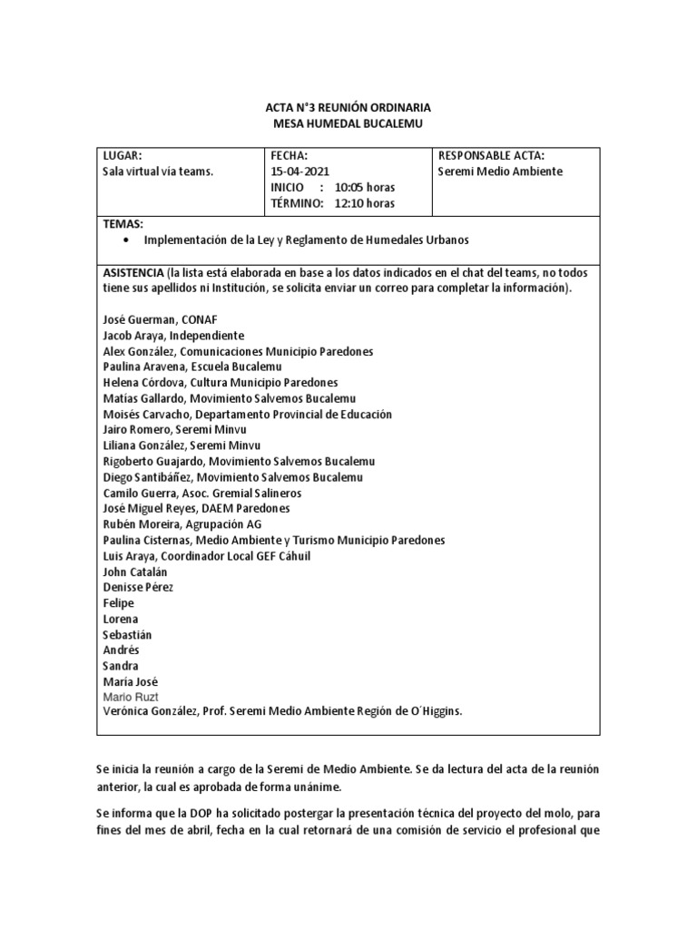 Acta N°3 Mesa Bucalemu 15-04-2021 | PDF | Humedal | Entorno natural