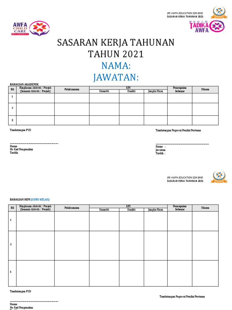 Borang Sasaran Kerja Tahunan SKT 2021 TADIKA | PDF