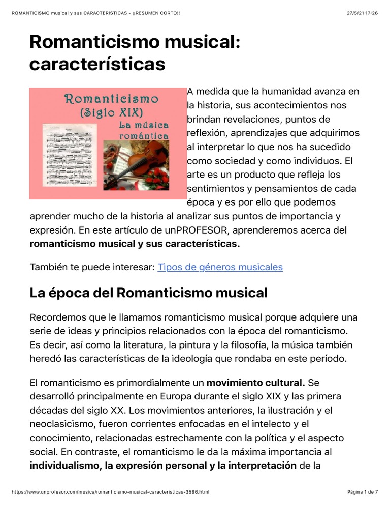 Romanticismo Musical Y Sus CaracterÍsticas ¡¡resumen Corto Pdf