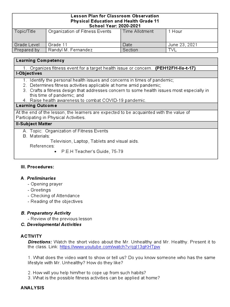 Lesson Plan For Classroom Observation Physical Education and Health ...