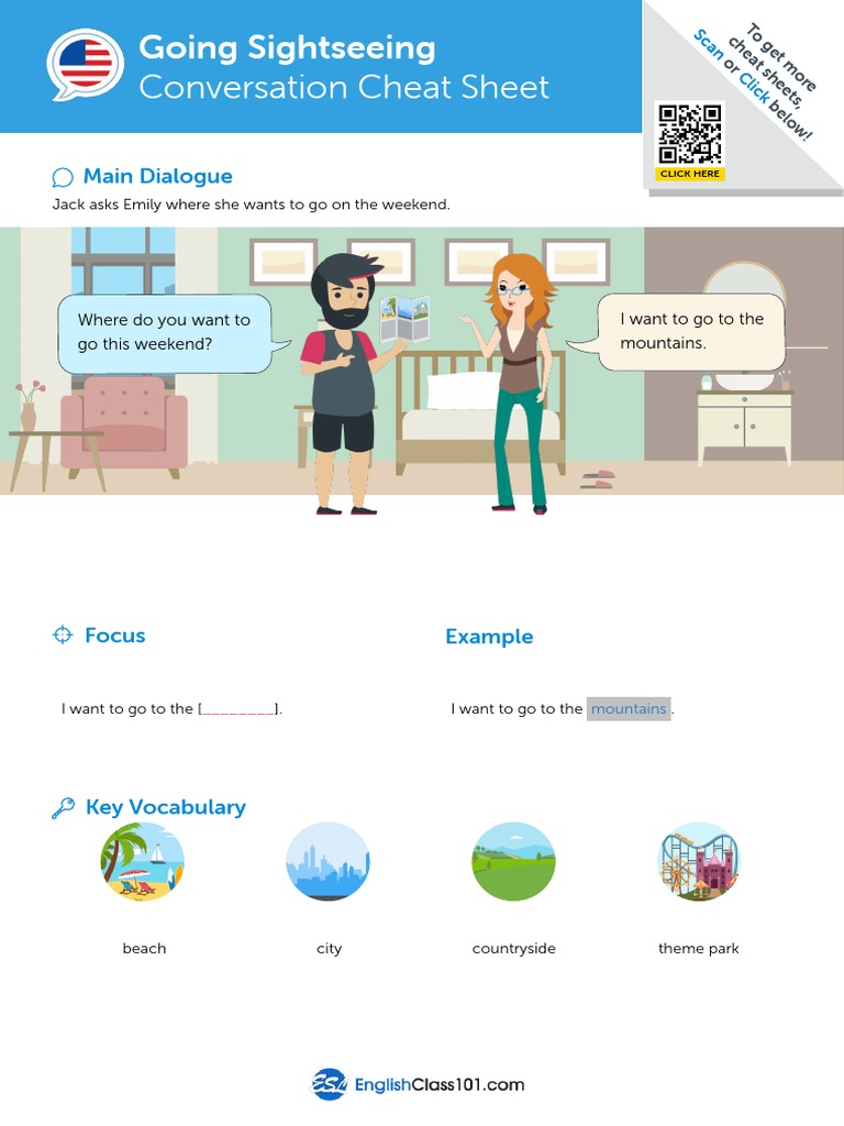 Going Sightseeing Conversation Cheat Sheet: Main Dialogue | PDF