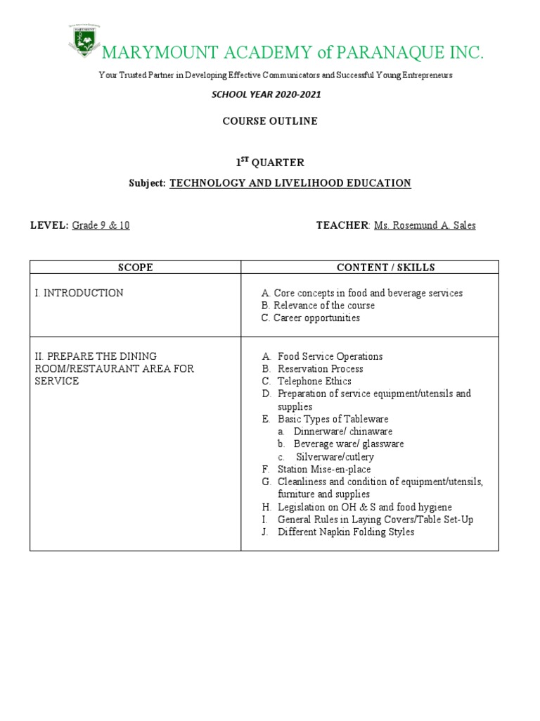 Course Outline 9 & 10 - Tle - 1ST Q. | PDF