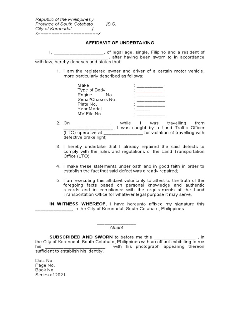 Affidavit of Undertaking Lto | PDF | Finance & Money Management