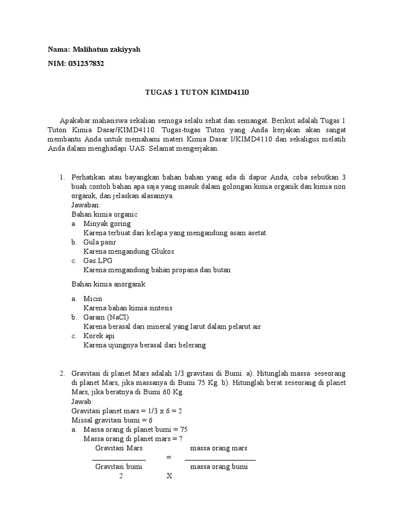 Tugas 1 Tuton Kimd4110 | PDF