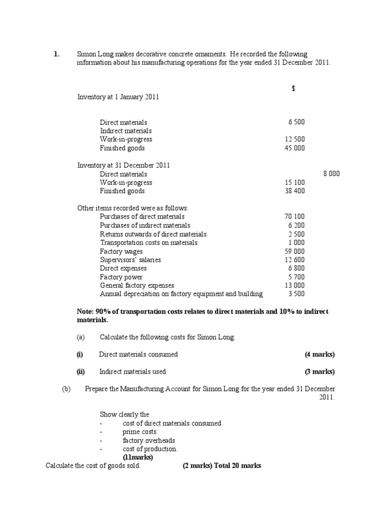 Simon Long MANUFACTURING ACCOUNT QUESTION | PDF | Industries ...