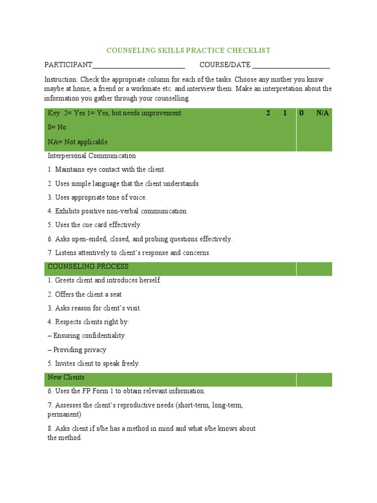 Exercise On Counseling Skills Practice Checklist | PDF | Sexually ...